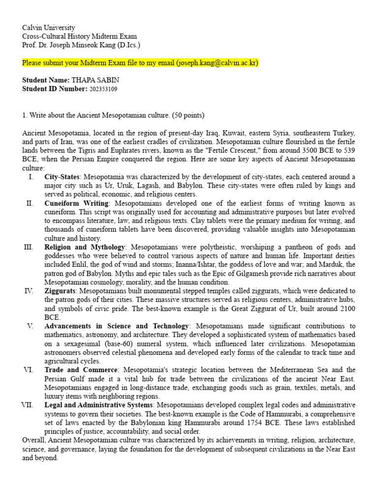 2024 Cross-Cultural - History - Midterm - Exam | PDF | Mesopotamia ...