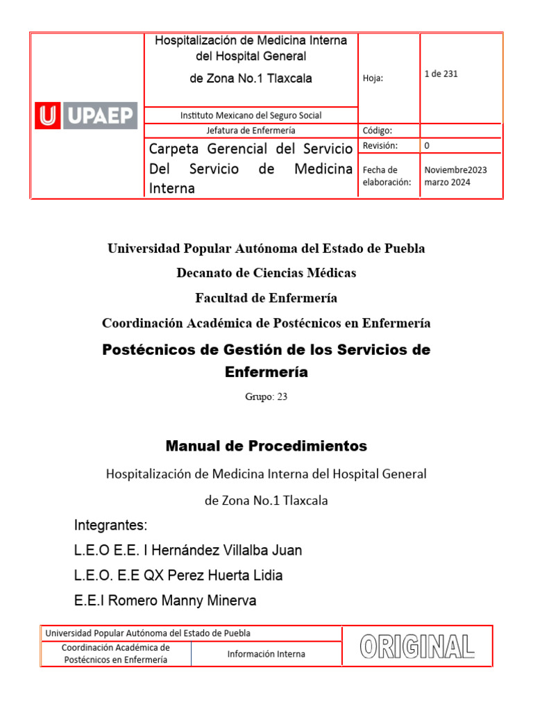 Manual de Procedimientos HOSPITALIZACION de M1 | PDF | Hospital | Enfermería