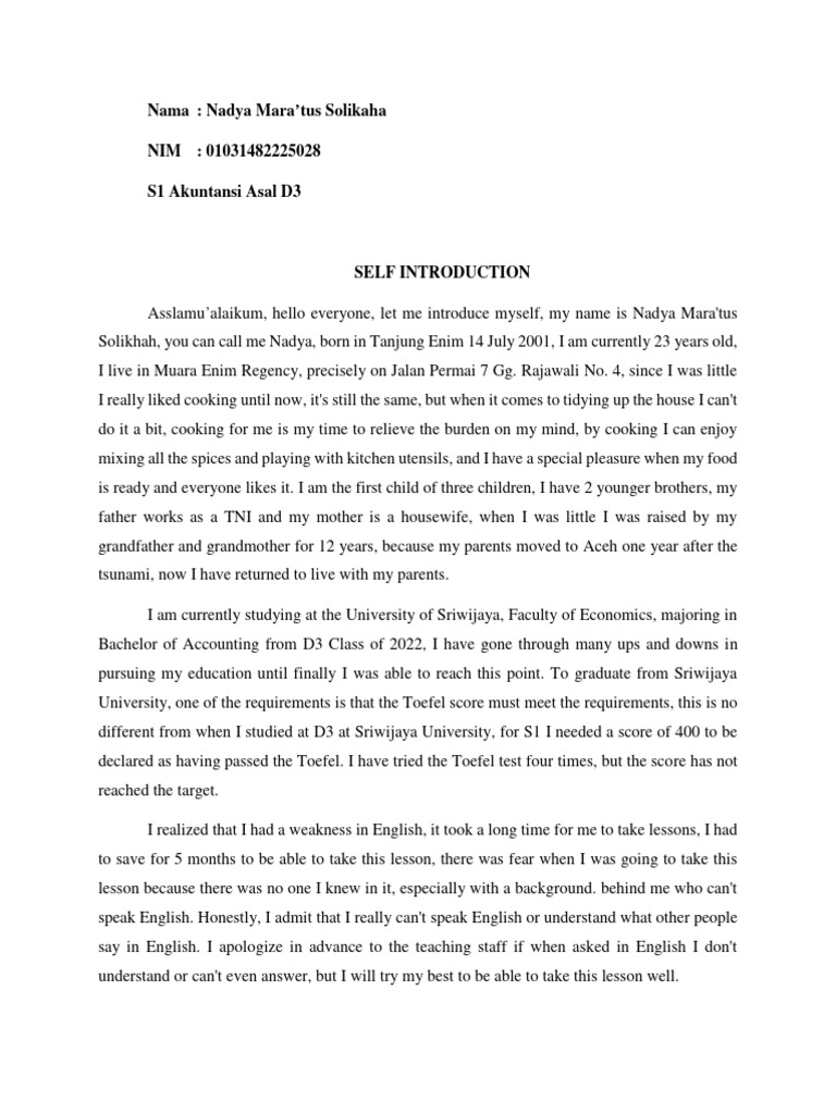 Tugas Les Bahasa Inggris - Nadya Mara'tus Solikhah - 01031482225028 - SELF INTRODUCTION | PDF