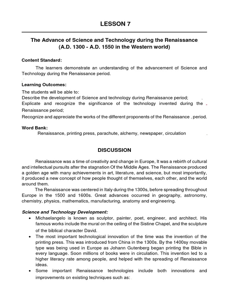 LESSON 7 the Advance of Science and Technology During the Renaissance ...