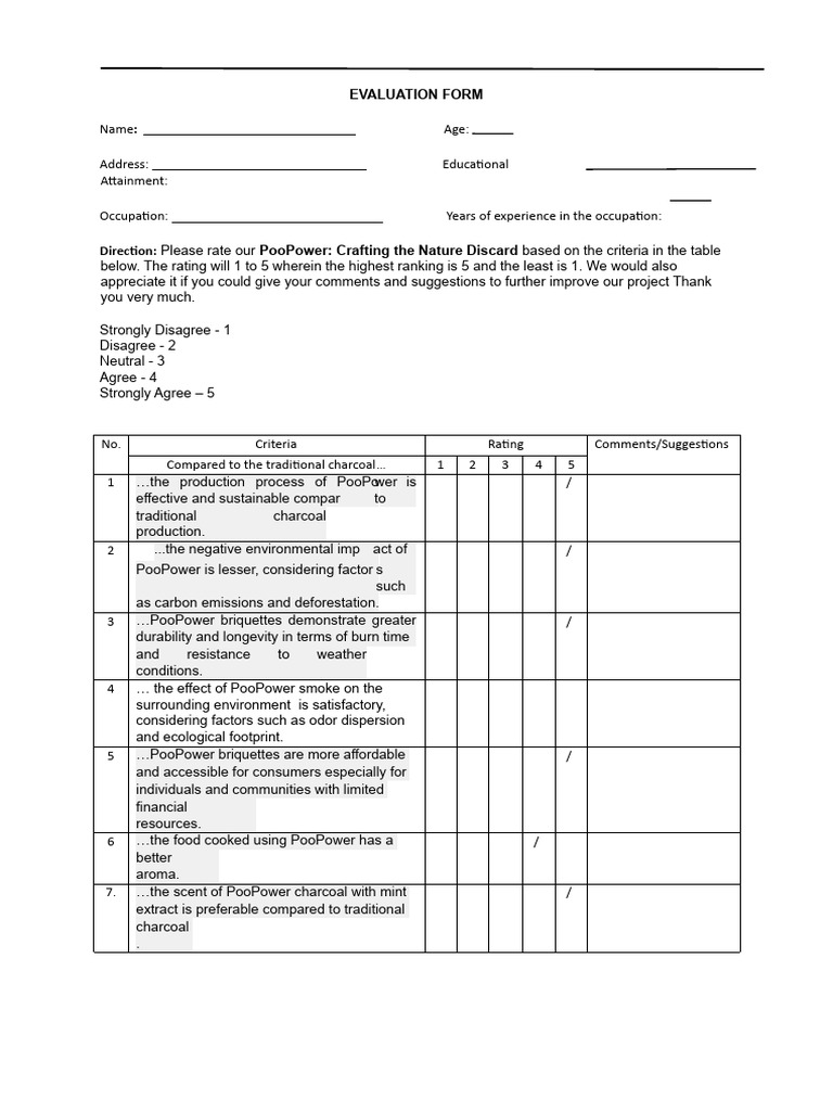 EVALUATION-FORM Poo Power 1 | PDF | Odor | Charcoal