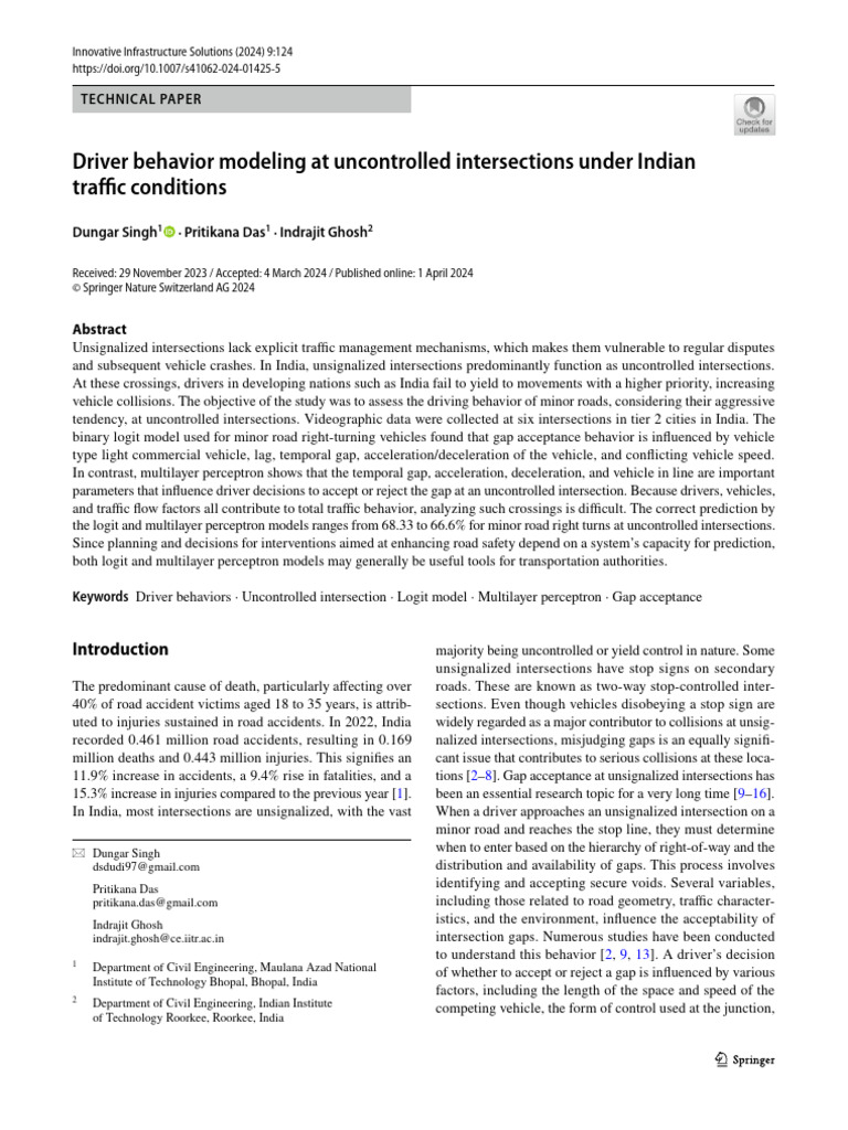 Driver Behavior Modeling at Uncontrolled Intersections Under Indian Traffic Conditions | PDF ...