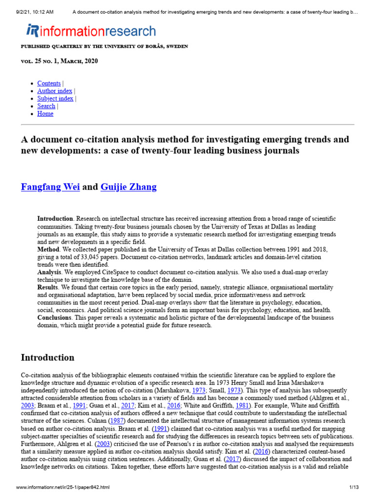 A Document Co-Citation Analysis Method For Investigating Emerging Trends and New Developments ...