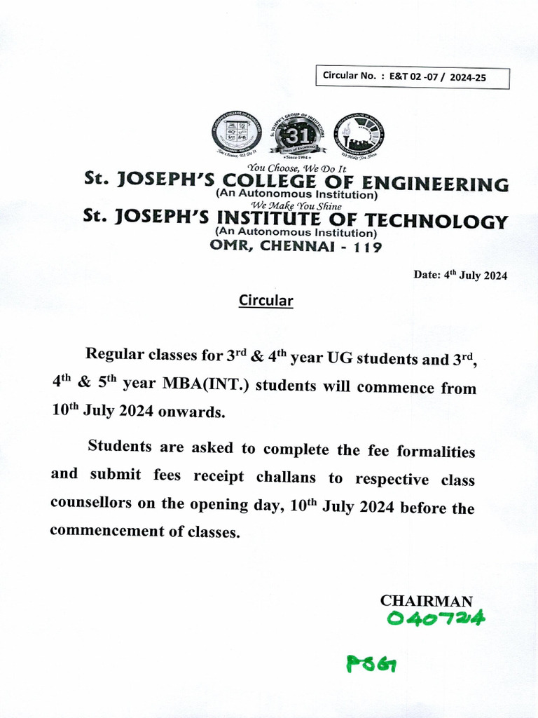 Circular 04 07 2024 - Fees | PDF