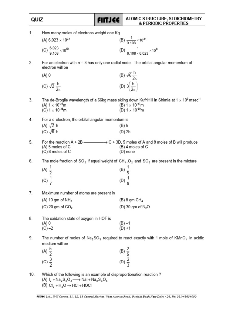 Atomic Structure, Stoichiometry & Periodic Properties-Quiz | PDF | Atomic Orbital | Quantum ...