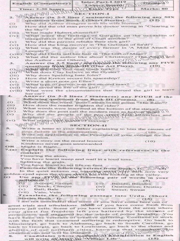 Past Papers 2019 Lahore Board Inter Part 1 English Compulsory Group I Subjective Both Medium | PDF
