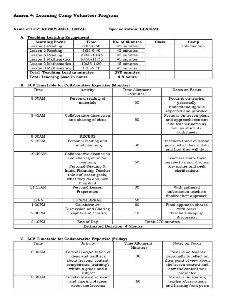 Nlc-Learning Camp Volunteer-Daily and Weekly Class Program | PDF | Teachers | Lesson Plan