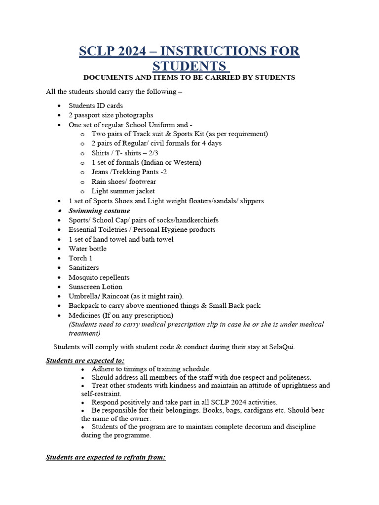 SCLP - 2024 - Instructions For Students - Rev | PDF | Clothing