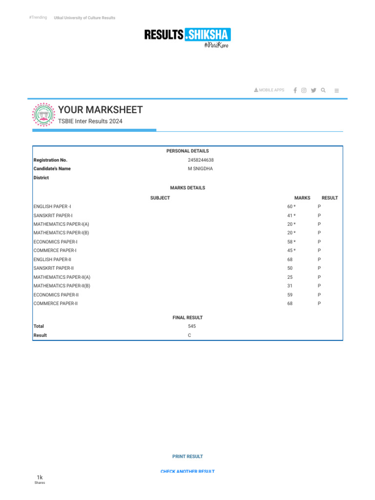 Your Marksheet - Ts Inter 2nd Year Result 2024 | PDF | Computing