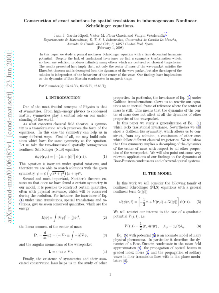 Construction of Exact Solutions by Spatial Traslations in Inhomogeneous Nonlinear SCHR Odinger ...