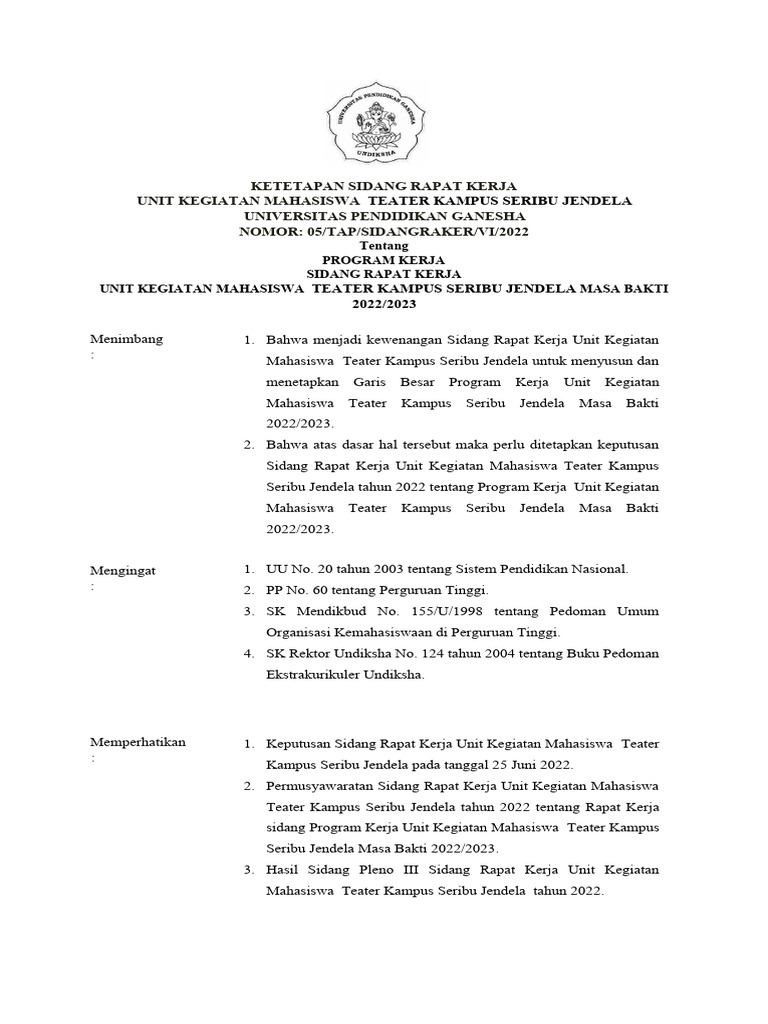Konsideran Raker PROGRAM KERJA | PDF