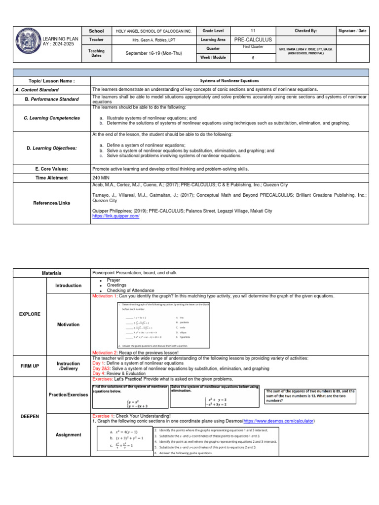 Learning Plan WEEK6 PreCalculus | PDF | Learning | Equations