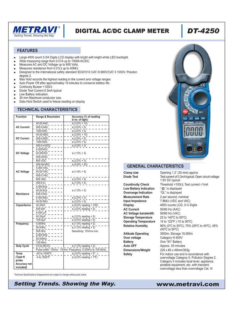 Metravi DT 4250 Digital AC DC Clamp Meter Catalogue | PDF | Voltage | Electrical Components