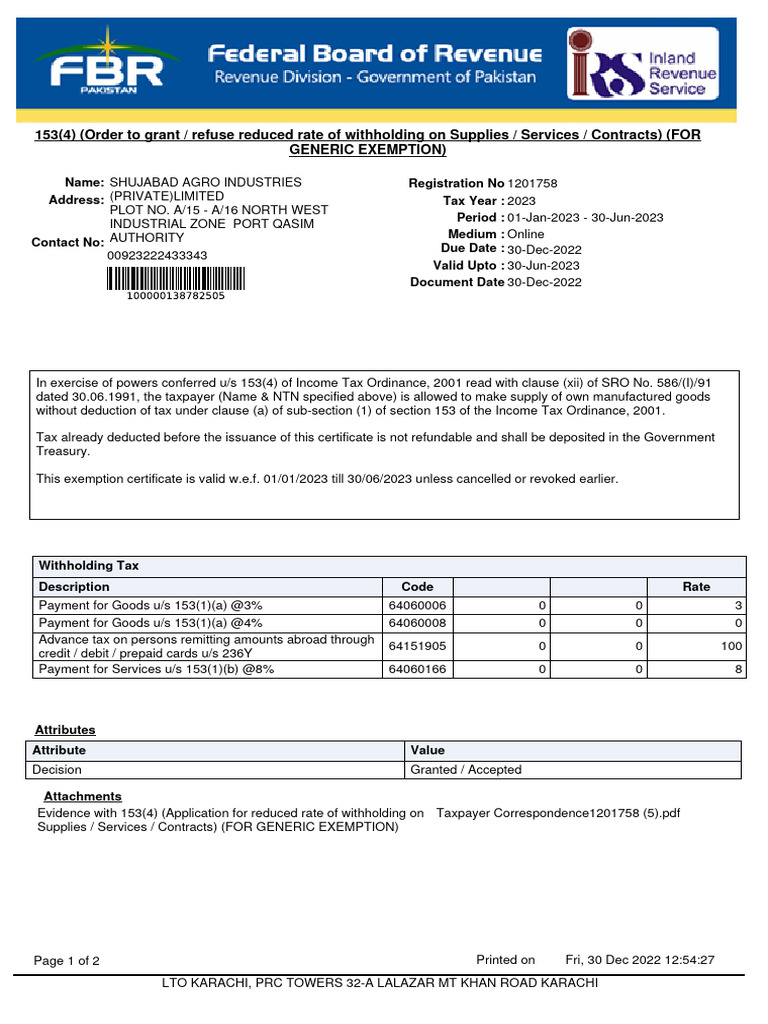 Exemption Certificate 01-01-2023 to 30-06-2023 | PDF | Taxes | Debit Card