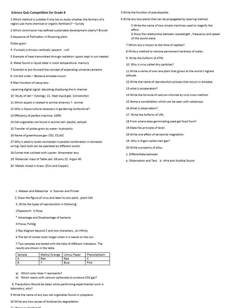 Grade 8 Science Quiz Questions | PDF | Magnesium | Physical Sciences