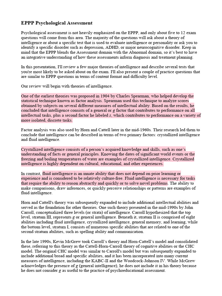 EPPP Assessment: Intelligence Theories | PDF | Wechsler Adult ...