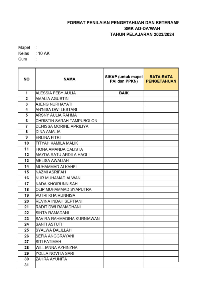 Format Nilai Semua Kelas 10 Pts Genap 2024 | PDF