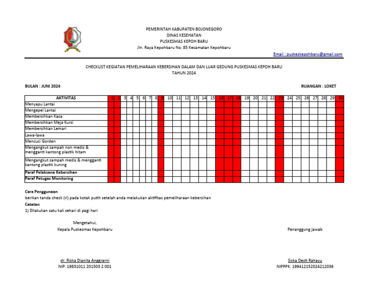Checklist Kebersihan Ruang Luar Dan Dalam Gedung PKM | PDF