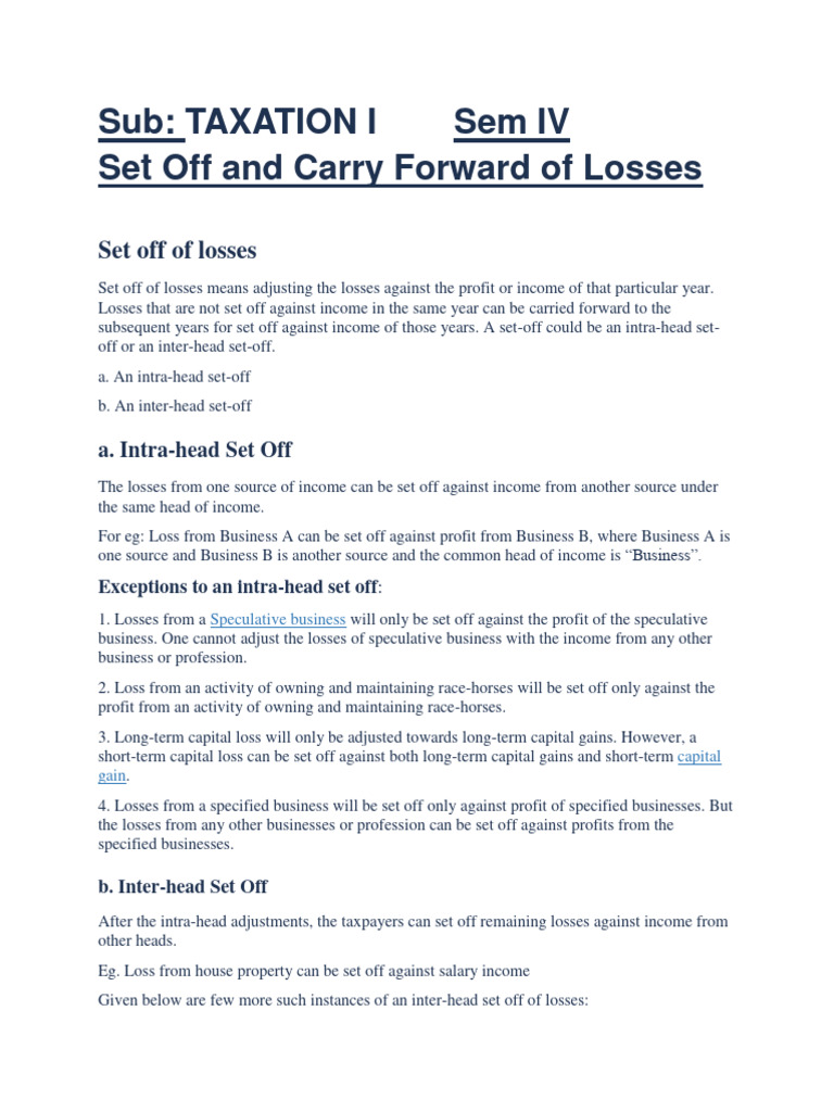TAXATION I Set of Carray Forward | PDF | Capital Gains Tax | Money