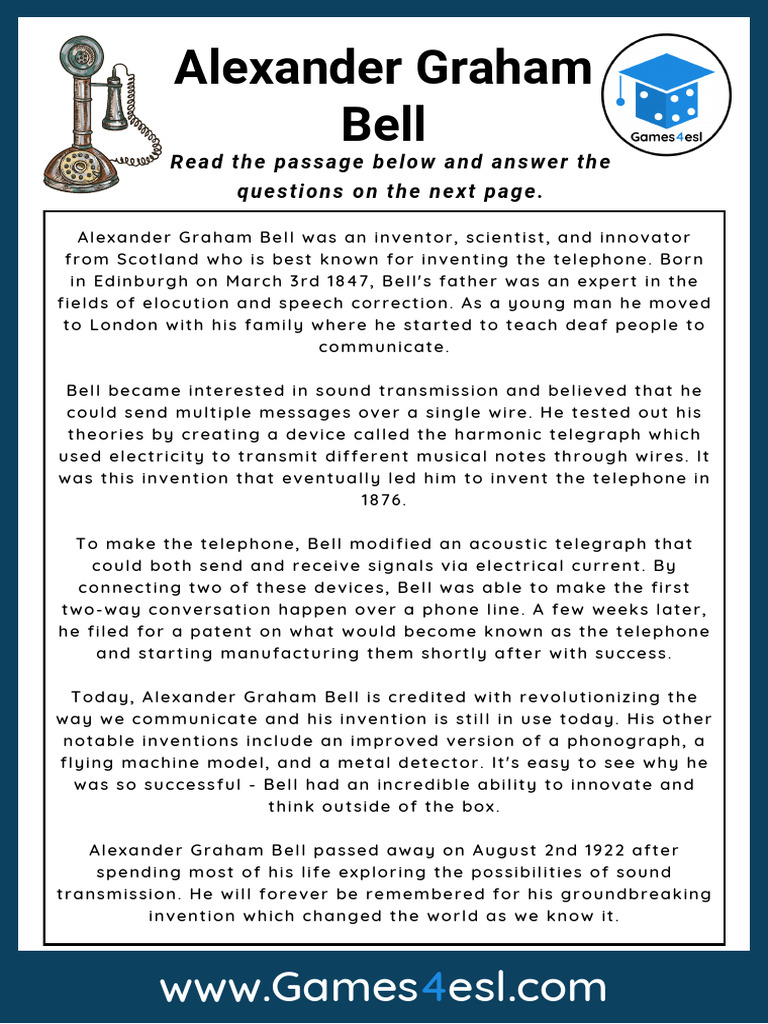 Reading Comprehension Worksheet Alexander Graham Bell | PDF