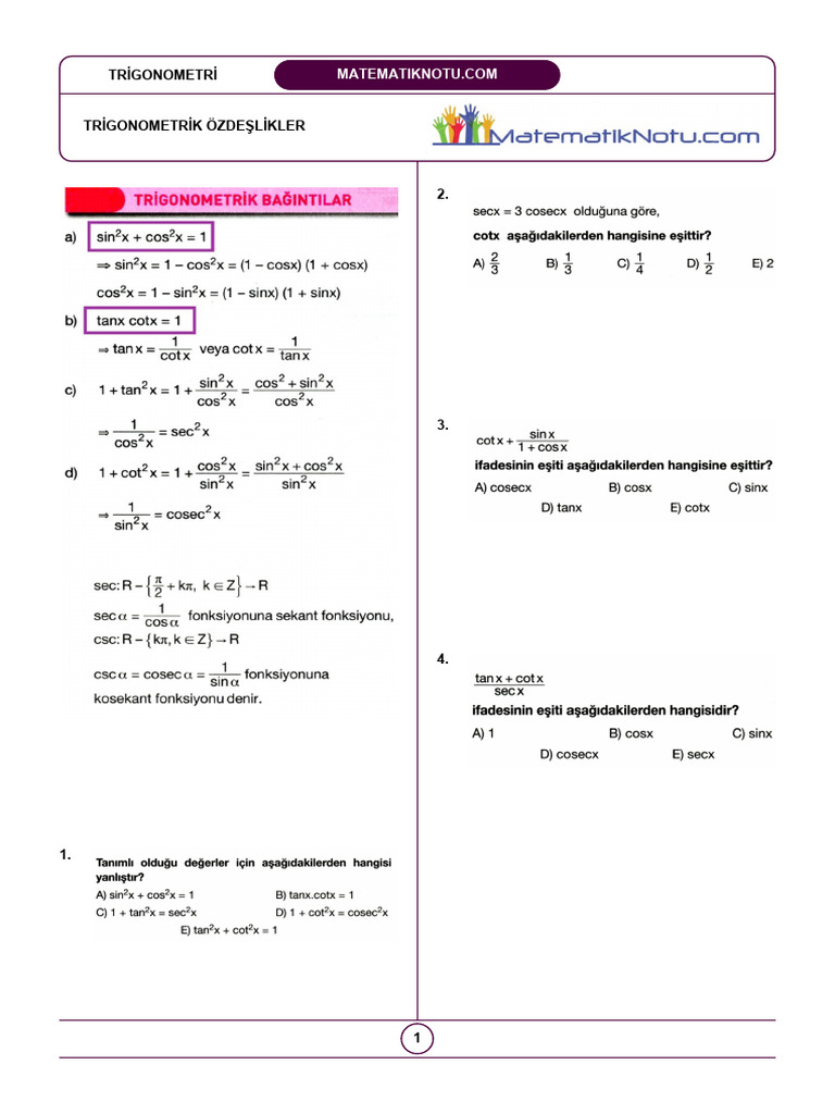 7-Tri̇gonometri̇k Özdeşli̇kler | PDF