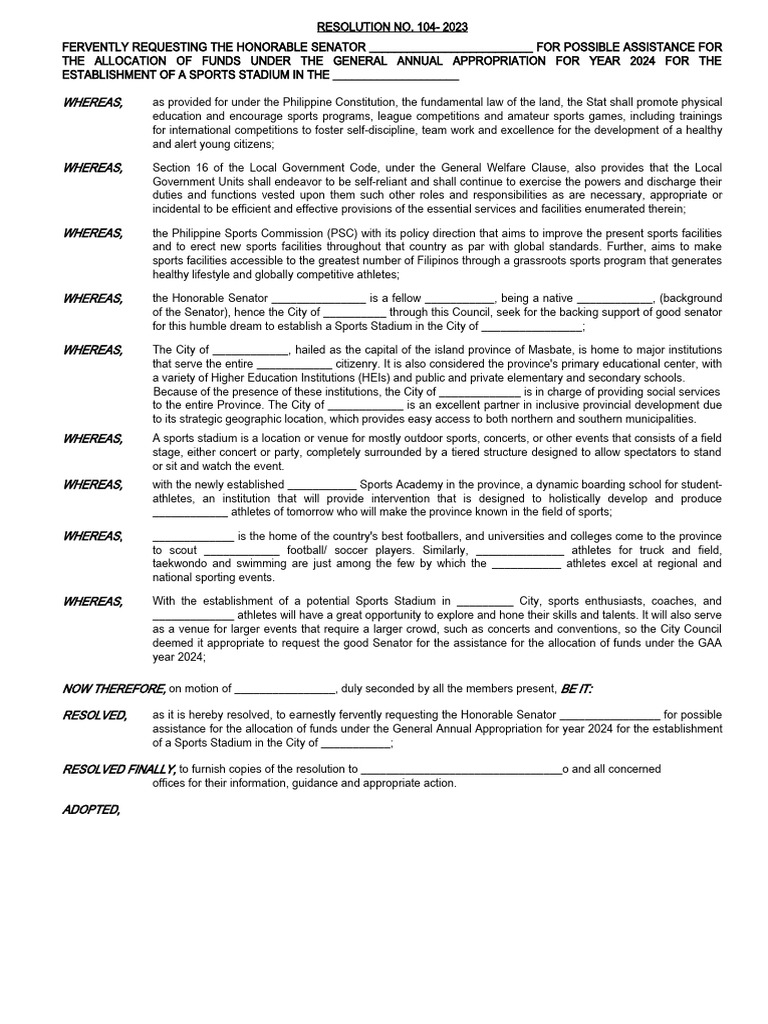 LGUResolution RequestSportsStadium | PDF | Sports | Government