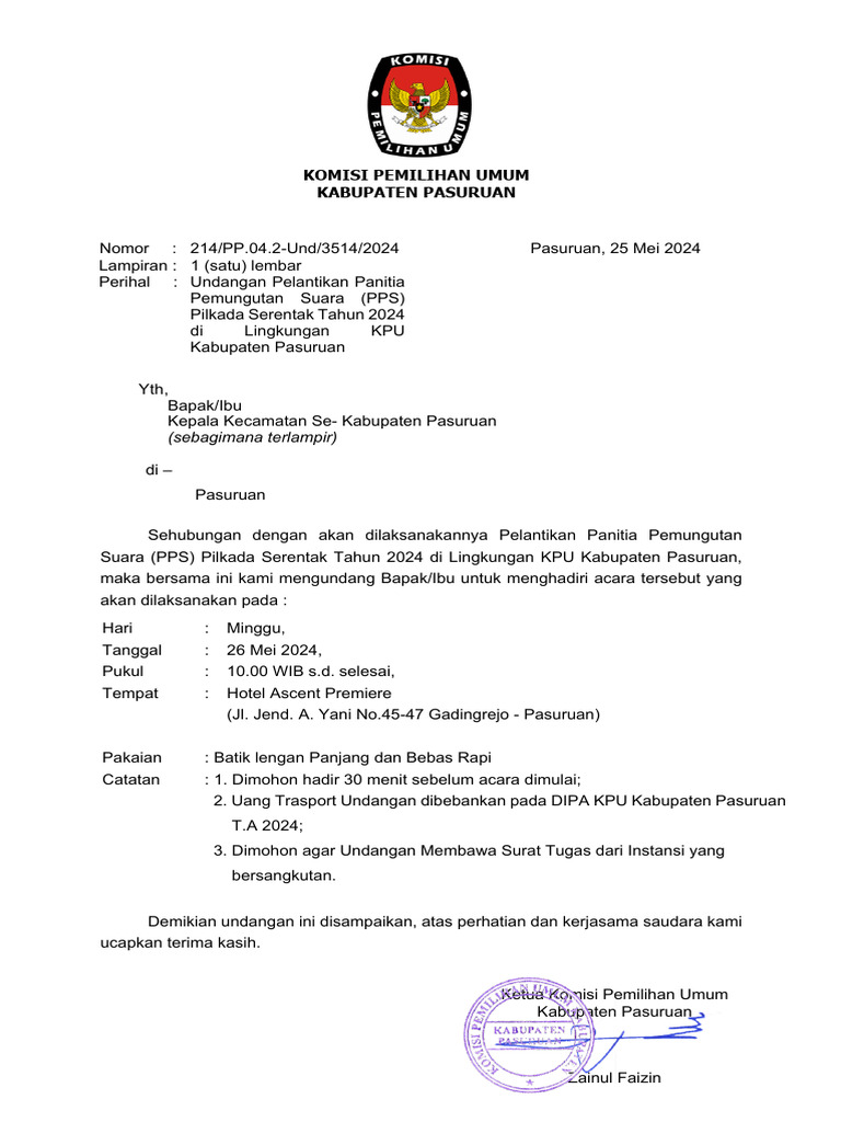 Undangan Camat - Pelantikan Pps Pilkada 2024 | PDF