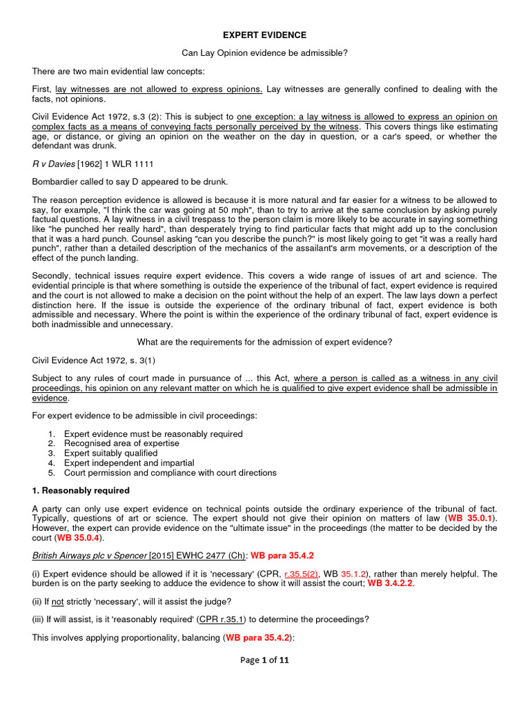 Notes On Expert Evidence | PDF | Expert Witness | Discovery (Law)