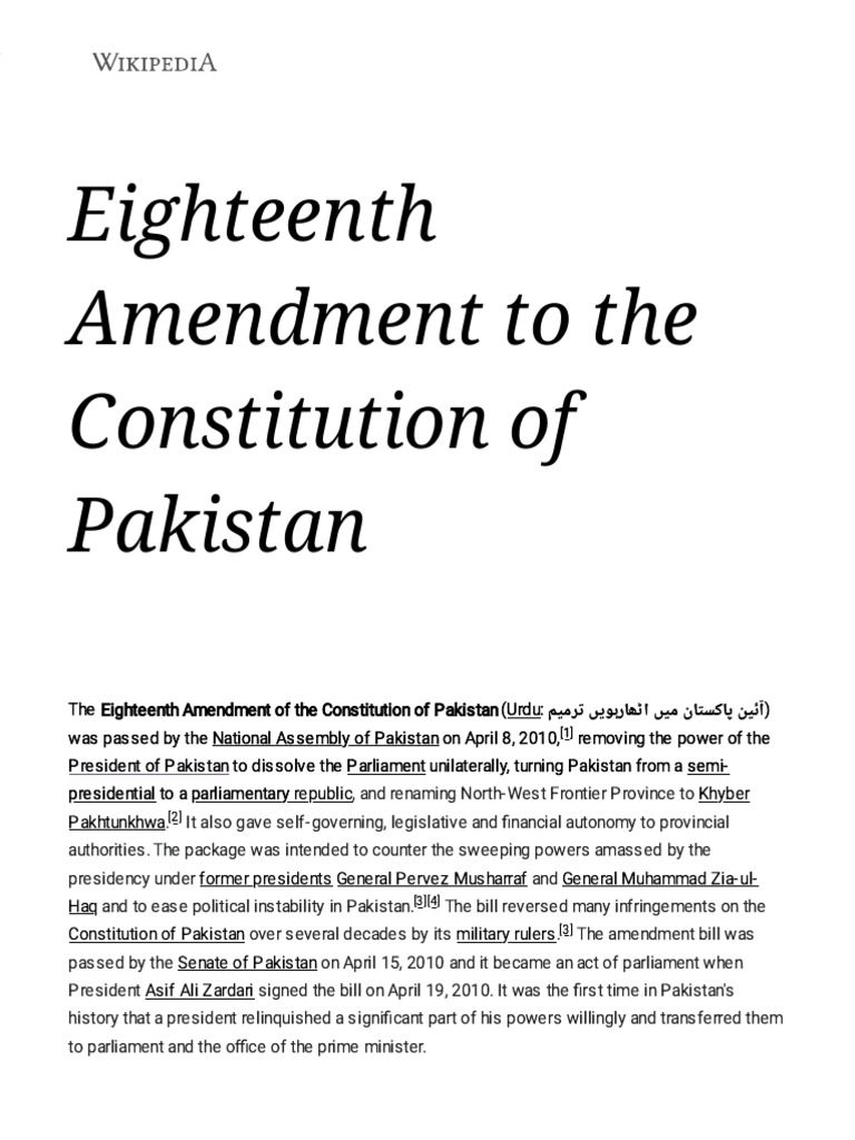Eighteenth Amendment To The Constitution of Pakistan - Wikipedia | PDF | Government | Pakistan
