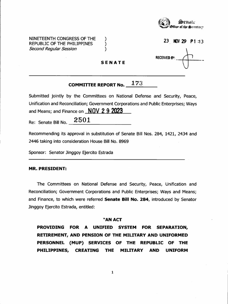 SBN 2501 CRN 173 Mup Pension System Bill | PDF | Pension | Retirement