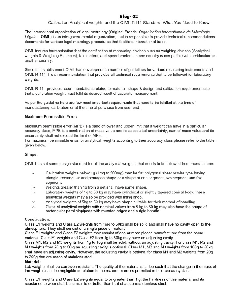 Calibration Analytical Weights and The OIML R111 Standard | PDF ...