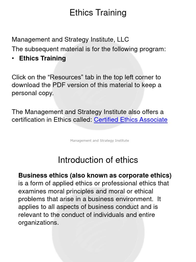 Free Ethics Training Material Pdf Business Ethics Morality