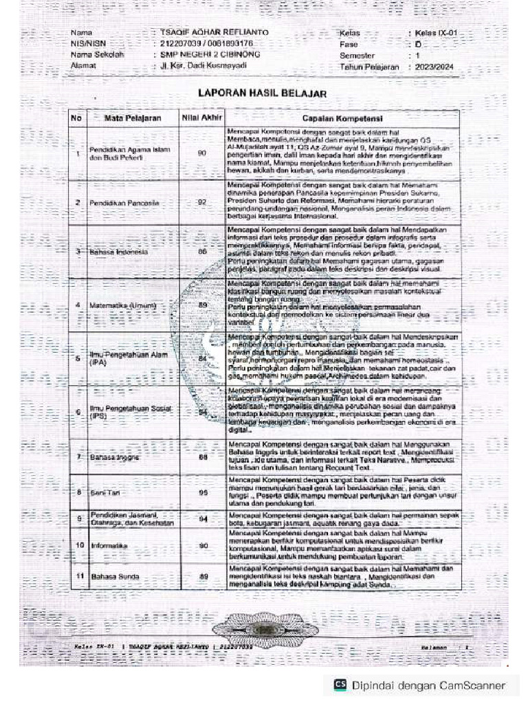 Rapot Semester 1 Kelas IX - Compressed | PDF
