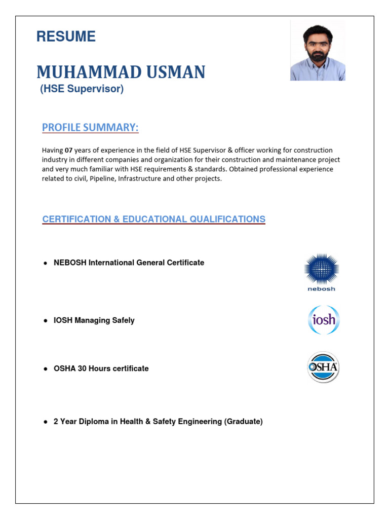 Muhammad Usman CV | Download Free PDF | Safety | Occupational Safety ...