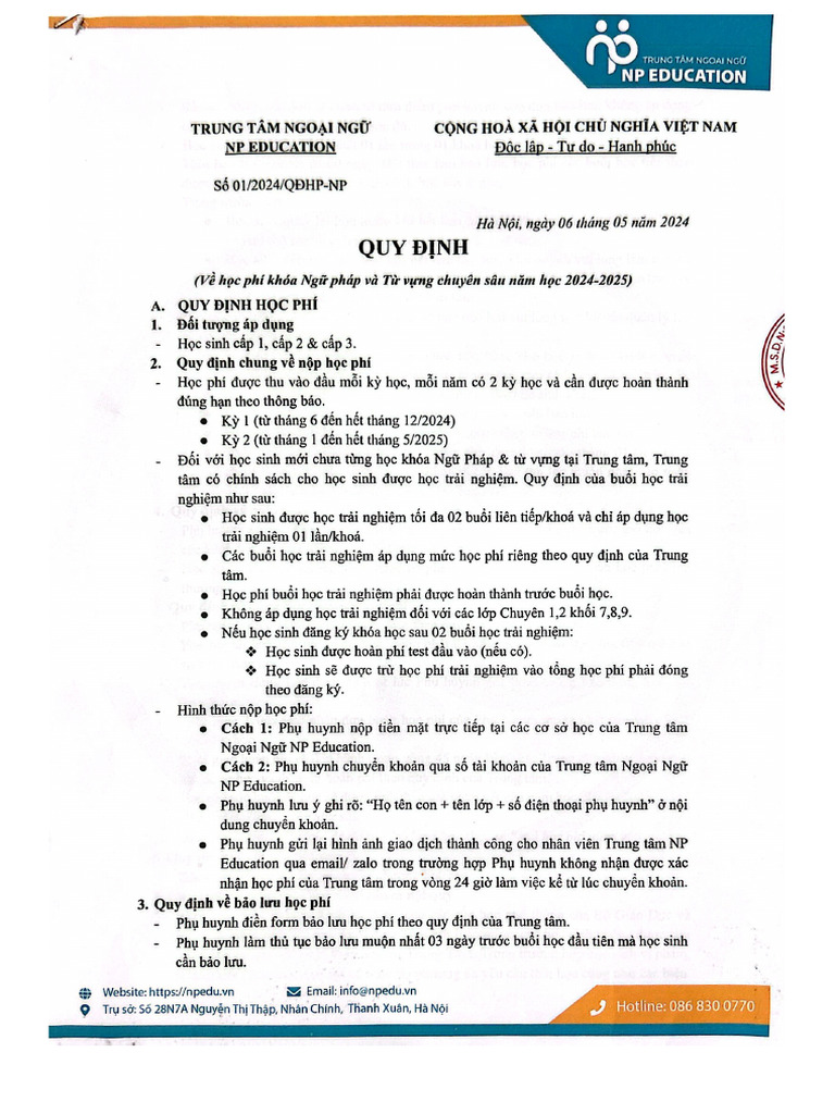 QUY ĐINH (Về HP khóa NP và từ vựng chuyên sâu năm học 2024-2025) | PDF