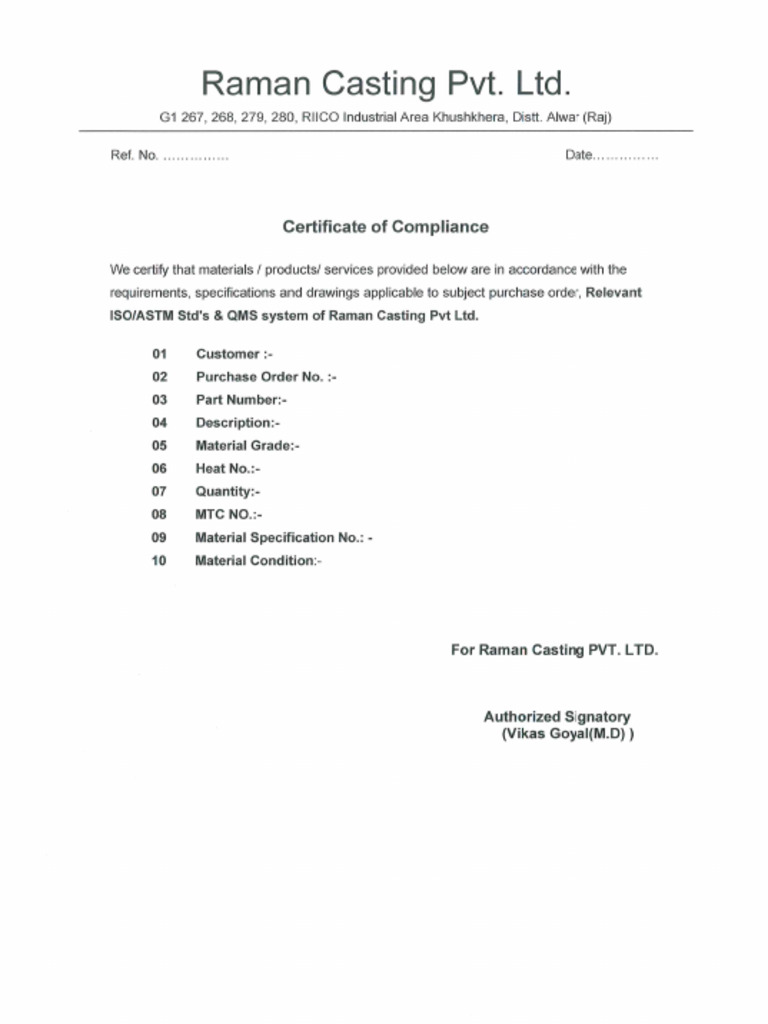 Annexure 3.3-Sample COC For Casting | PDF