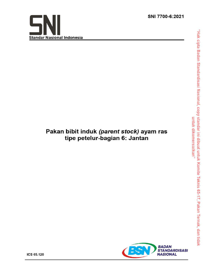 Pakan Bibit Induk Ayam Ras Petelur SNI 7700-6 - 2021 | PDF
