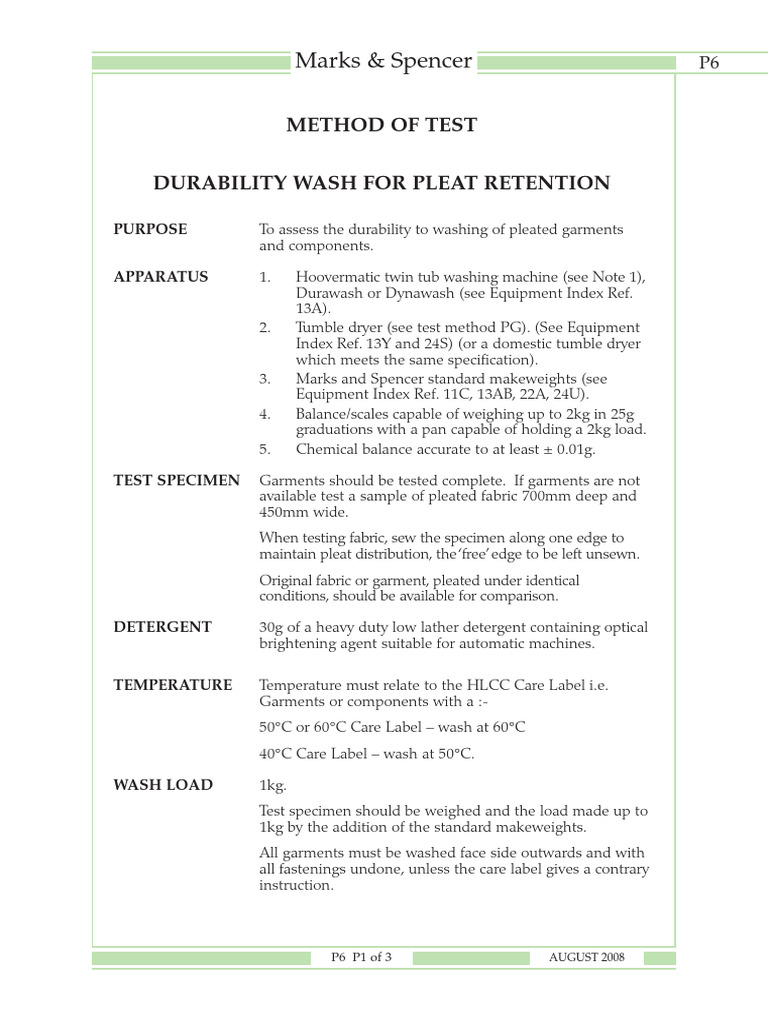 Pleat Retention Wash Durability Test | PDF | Spinning (Textiles ...