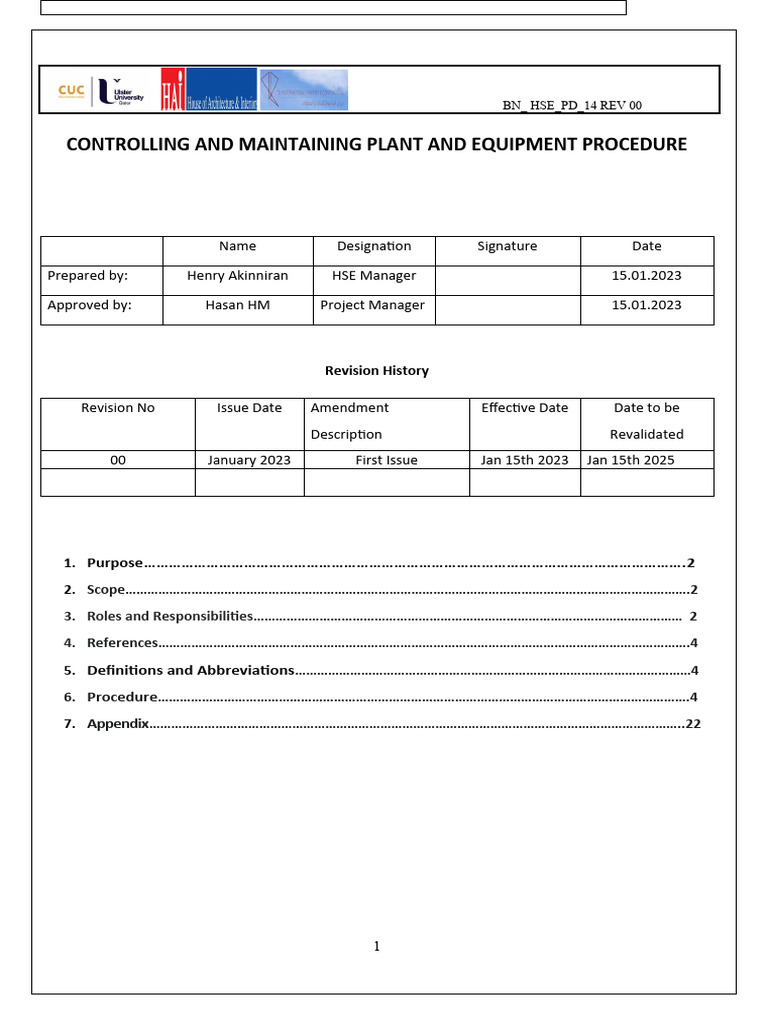 Plant and Equipment Management Procedure | PDF