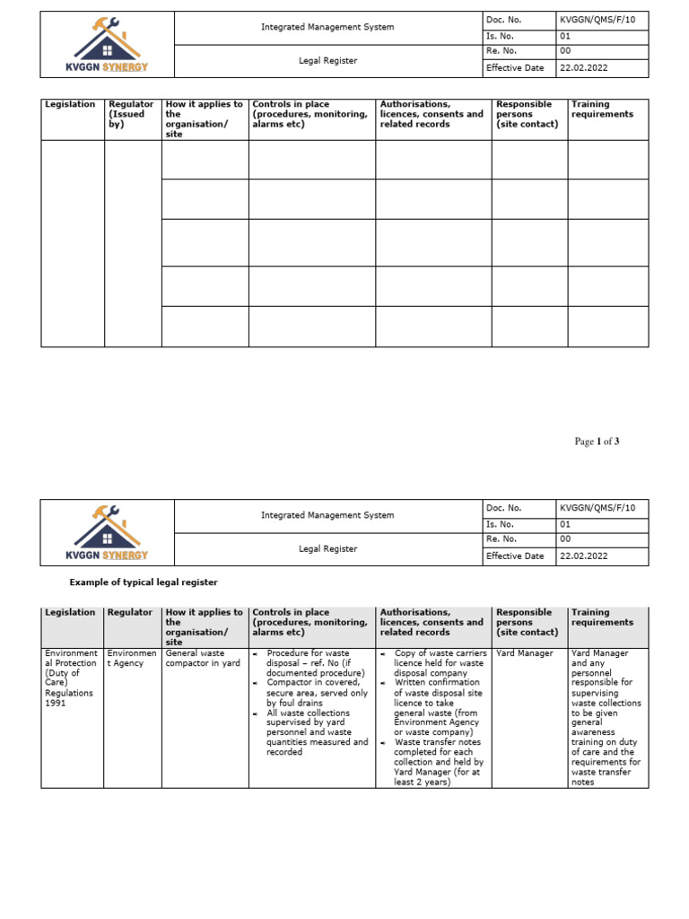 KVGGN - QMS - F - 10 Legal - Register | PDF | Scrap | Waste Management