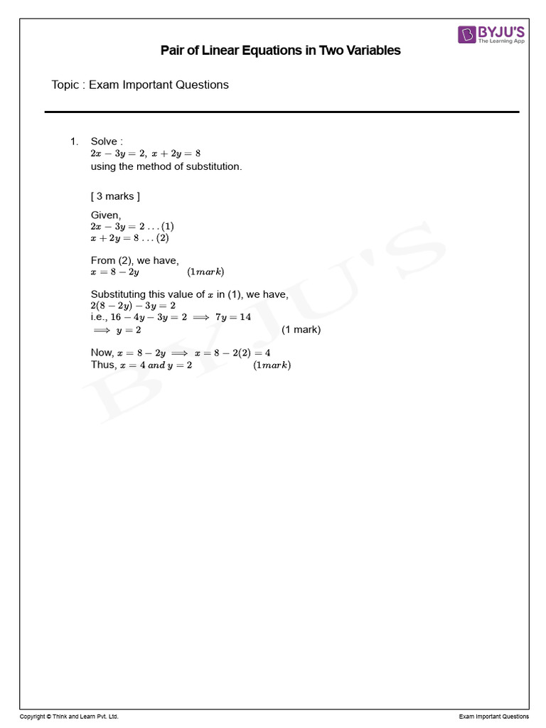 Pair of Linear Equations in Two Variables Questions | PDF | Equations ...