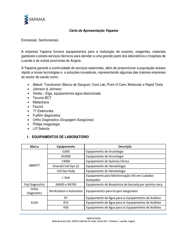 Carta de Apresentação - Yapama - Abril 2023 | PDF | Angola | Bioquímica
