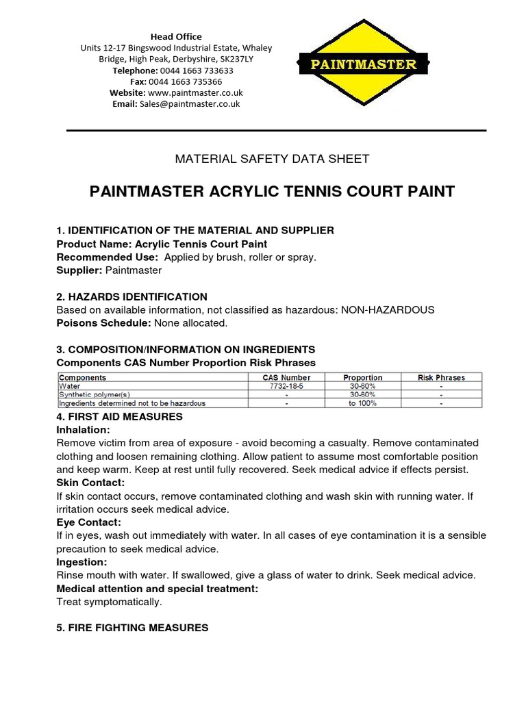 MSDS Acrylic Tennis Court Paint | Download Free PDF | Personal Protective Equipment | Waste ...
