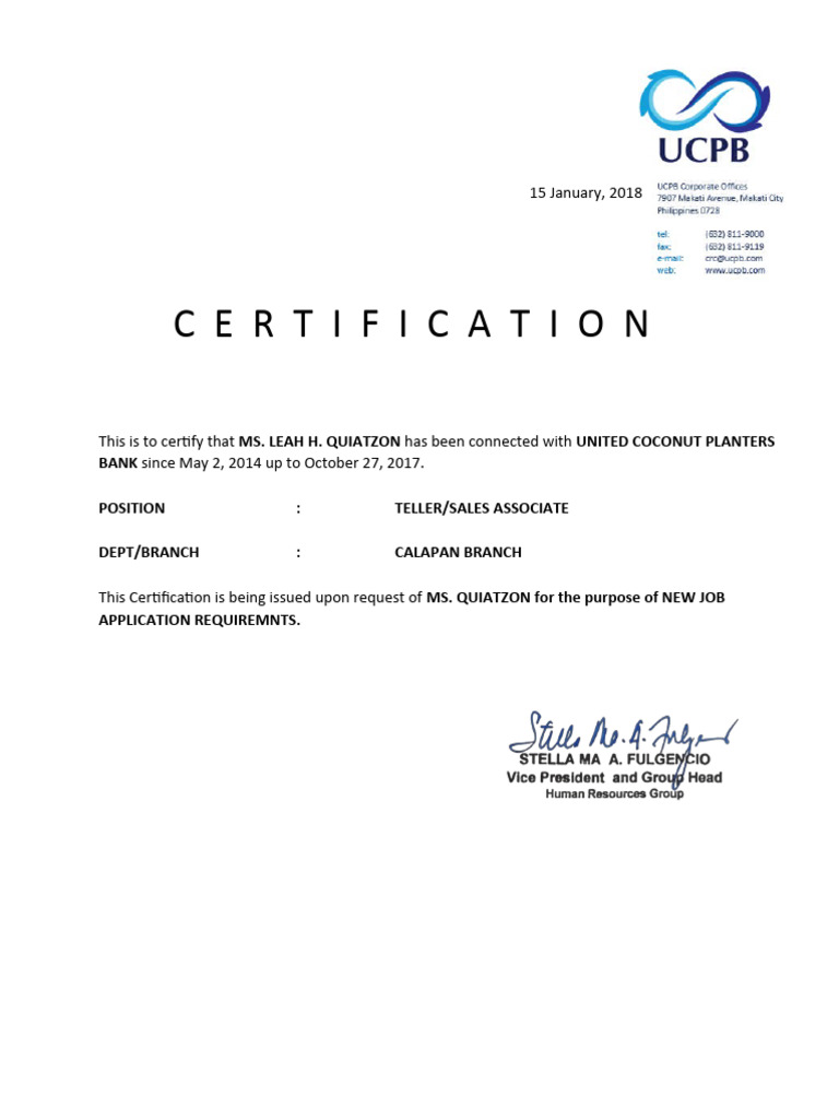 Sample Cert of Employment | PDF