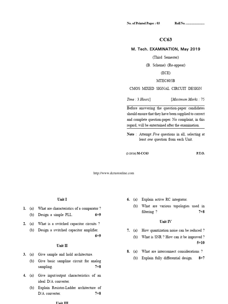 Mtech 3 Sem Ece Cmos Mixed Signal Circuit Design Mtec605b May 2019 | PDF | Analog To Digital ...