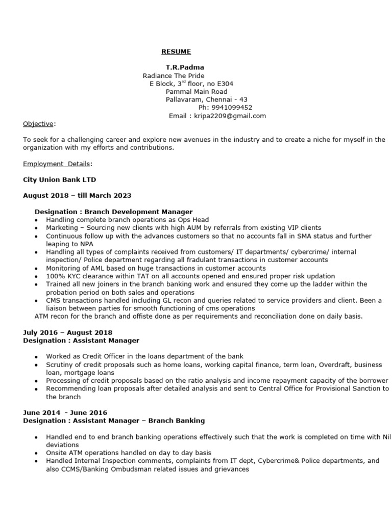 Resume Padma TR | PDF | Banks | Loans