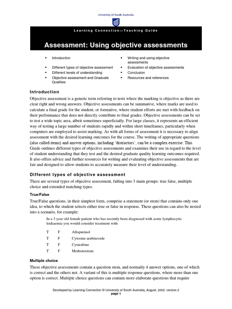 Types Objective Assessment Pdf Educational Assessment Multiple Choice