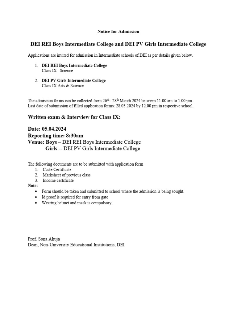 Admission Notice PV REI 20-03-2024 | PDF
