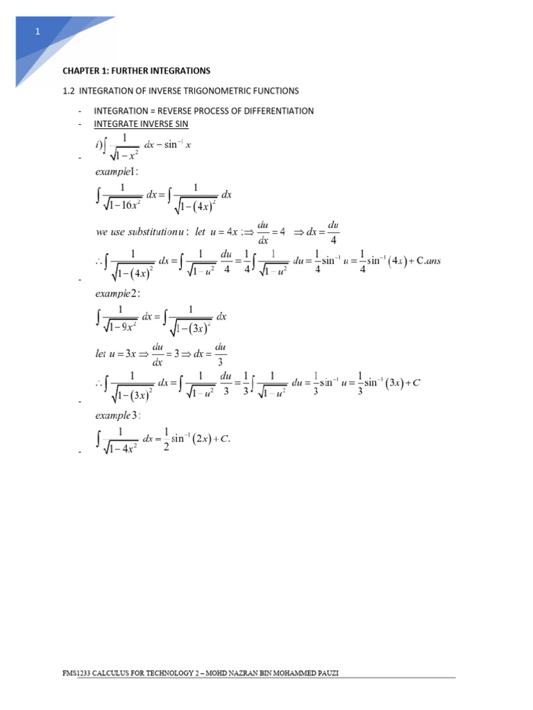 CHAPTER 1- FUTHER INTEGRATION - INTEGRATION OF INVERSE TRIGONOMETRIC ...