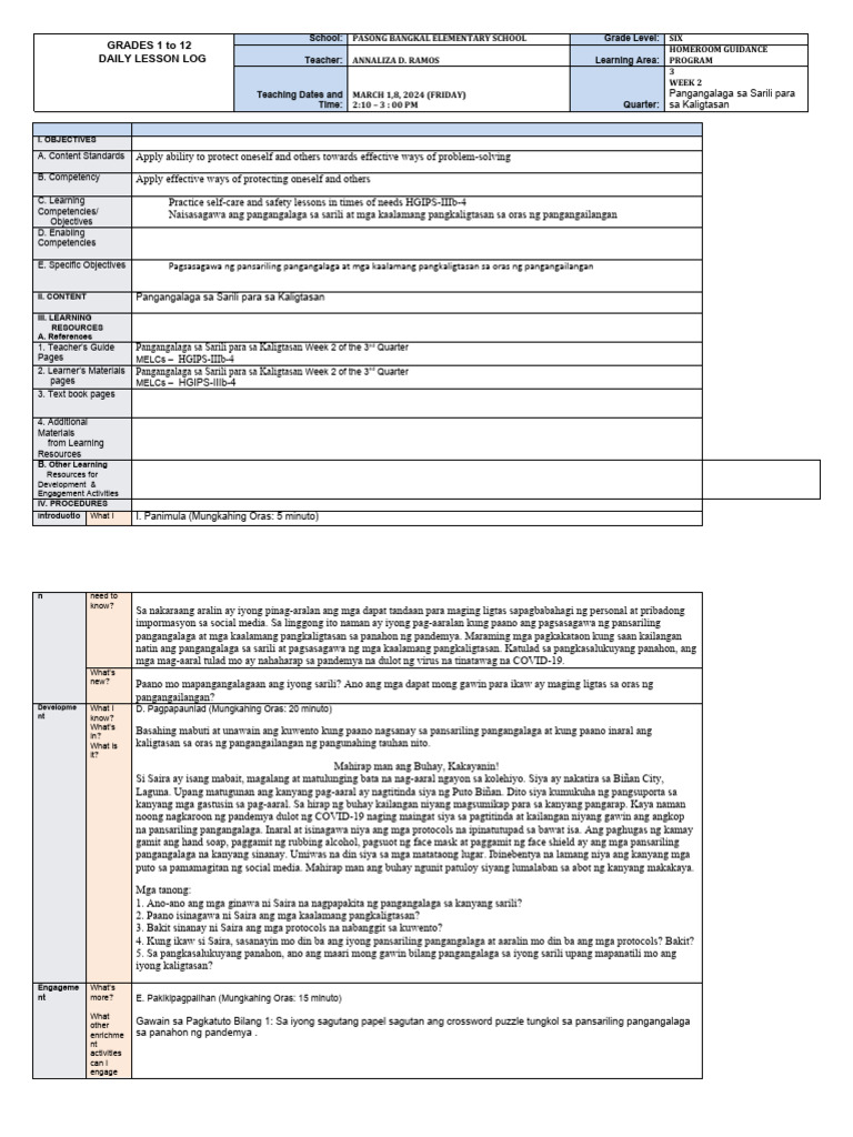 PBES DLL HGP Quarter 3 Gr.6 Pangangalaga Sa Sarili para Sa Kaligtasan WEEK 2 | PDF